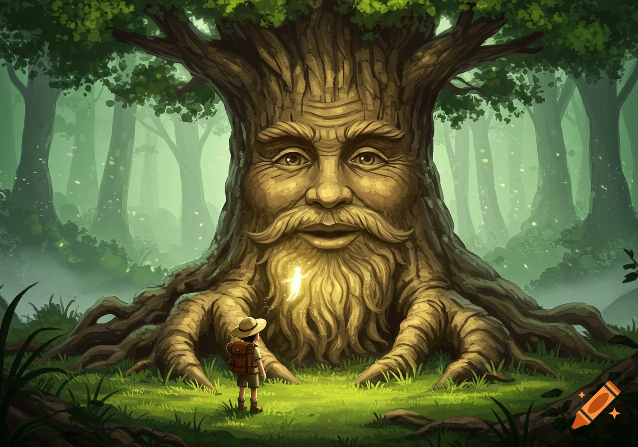 A child adventurer stands before a giant tree with an old man's face, a ...