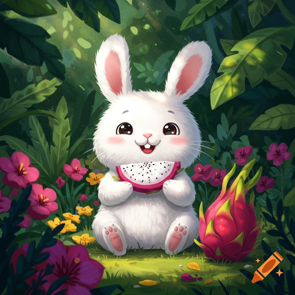 A cute white cartoon rabbit happily eats a dragonfruit slice in a lush jungle with pink and ...