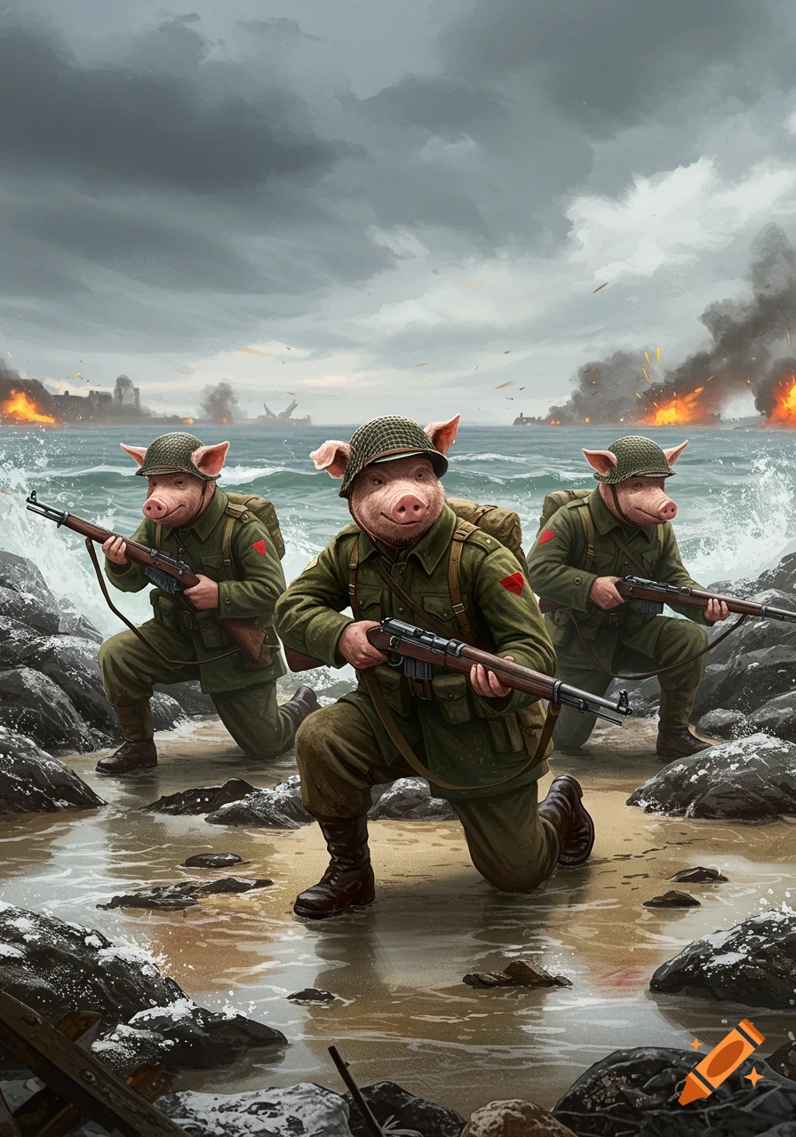 Three anthropomorphic pig soldiers in military uniforms kneel on a war ...