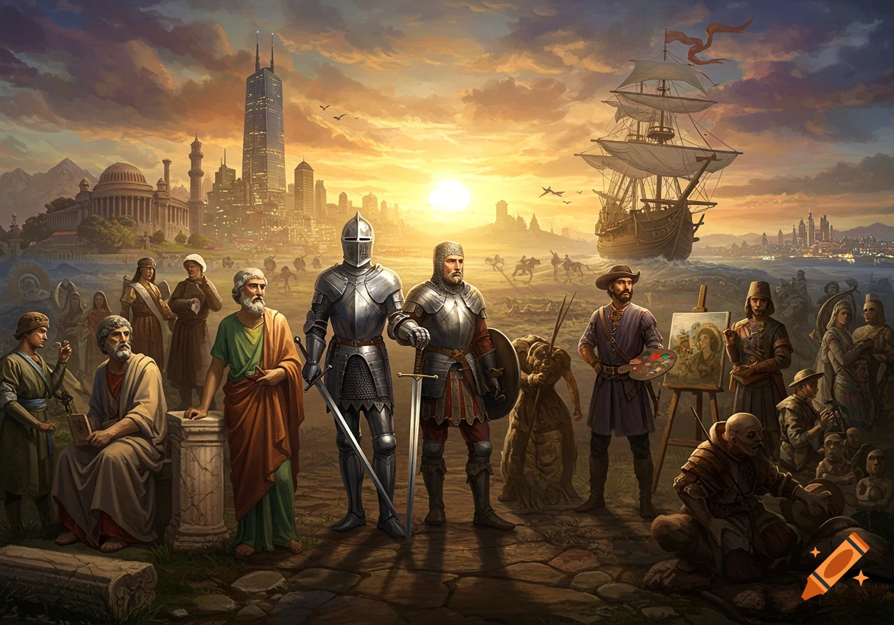 Medieval battle scene with knights fighting on a bridge in front of a ...