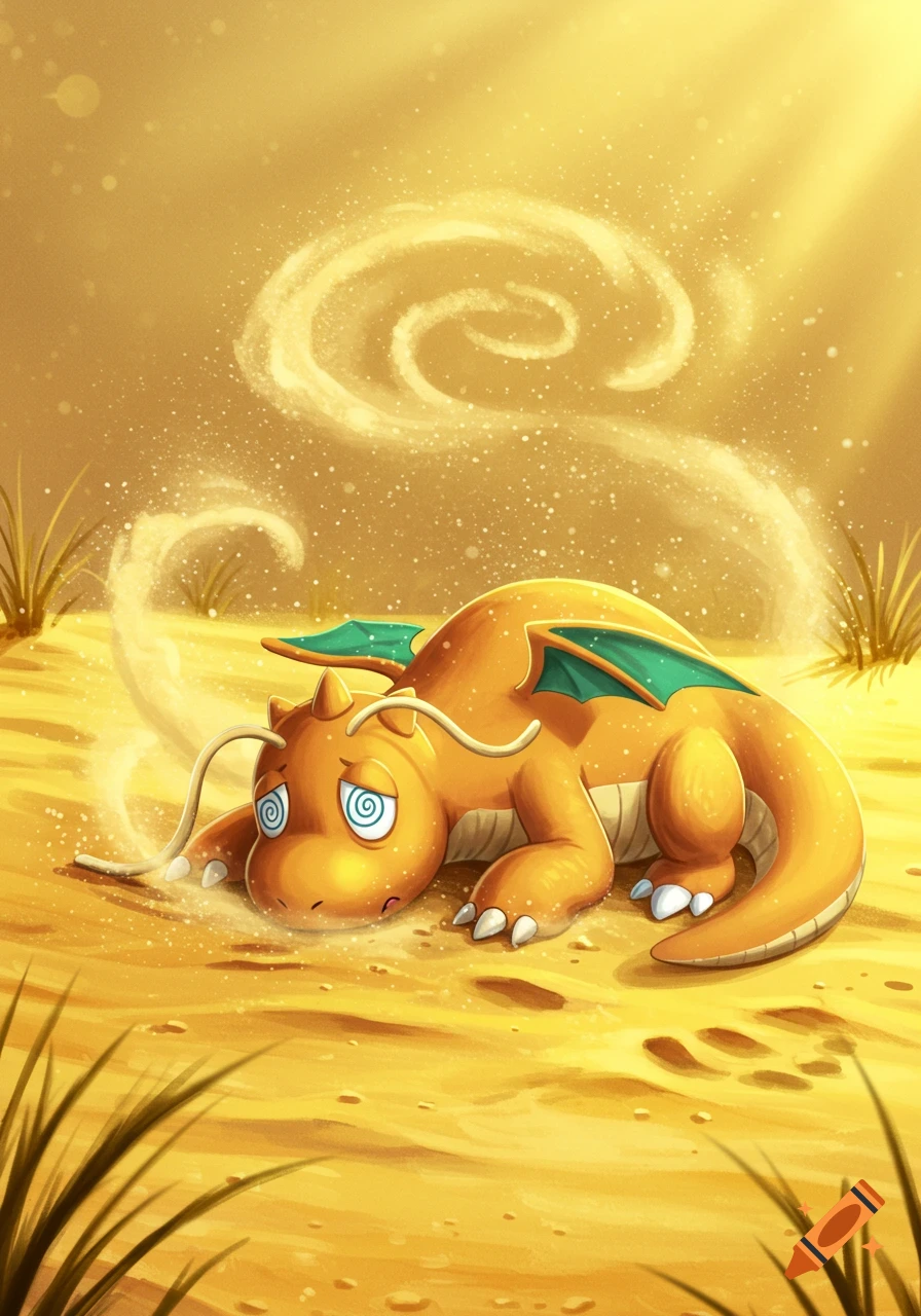 A dizzy, swirly-eyed Dragonite lies fainted on yellow sand under bright ...
