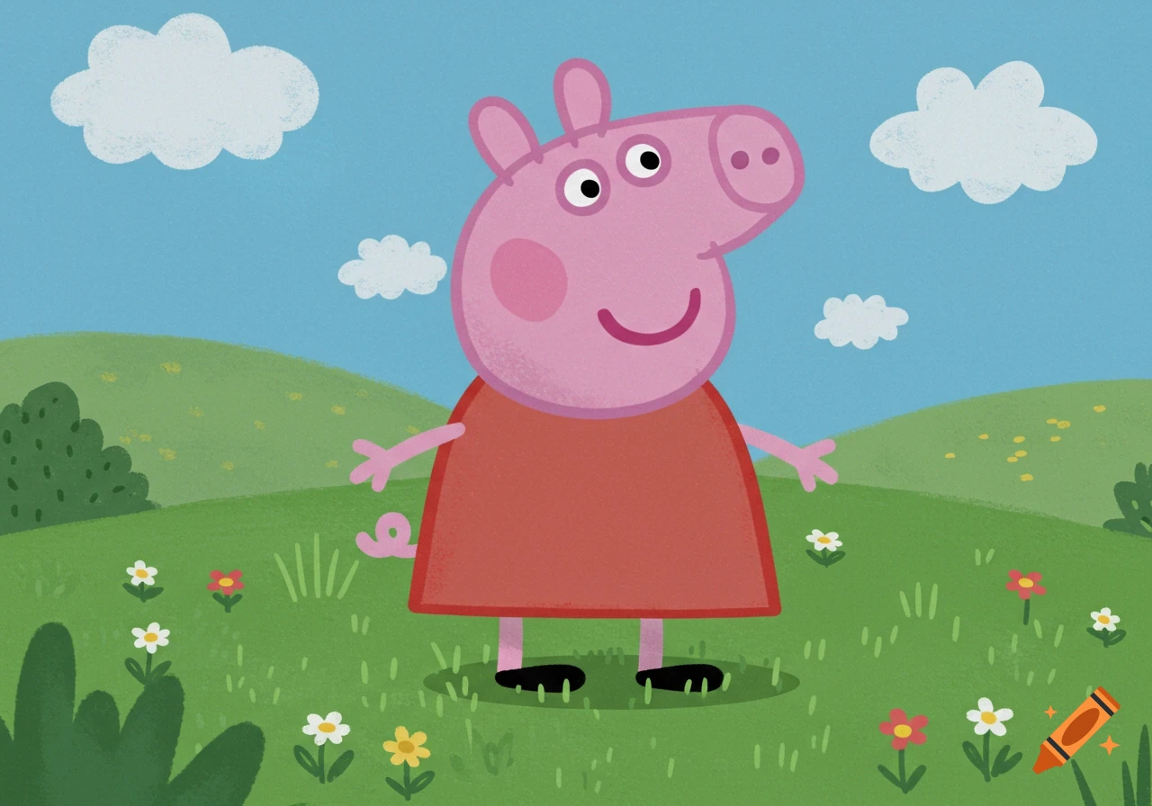 A cartoon pig resembling Peppa Pig wears a raw steak dress while ...