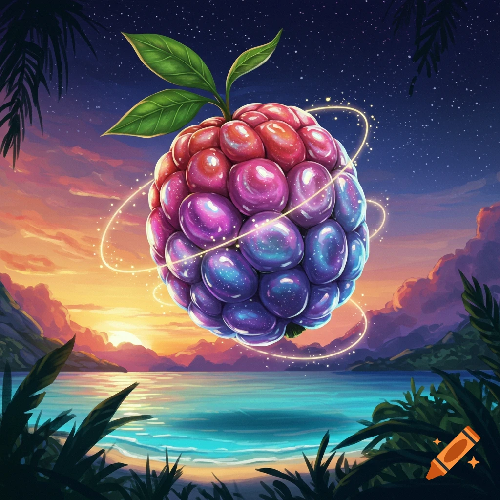 A vibrant, glowing fantasy fruit with galaxy patterns floats over a ...