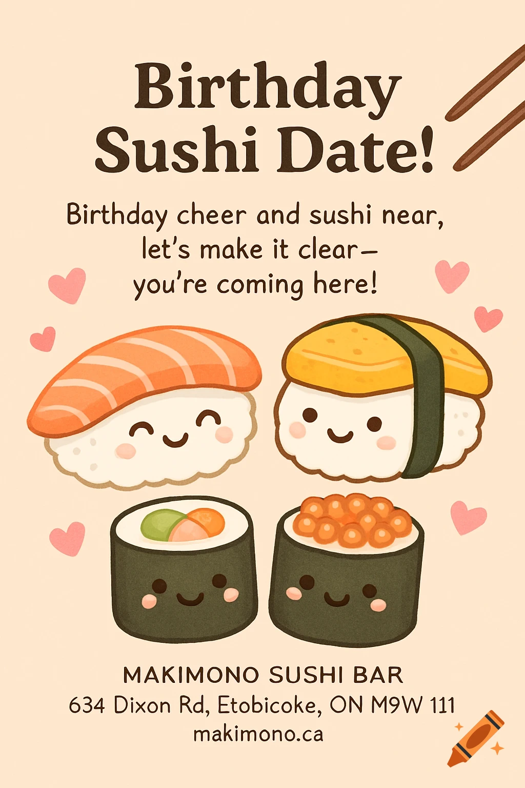 A cute, pastel birthday invitation featuring four smiling kawaii sushi ...