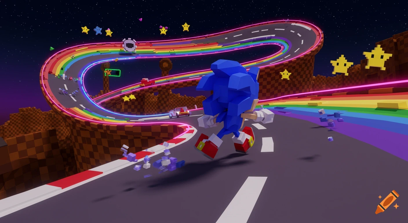 Blocky Sonic running on a rainbow racetrack with glowing neon lights ...