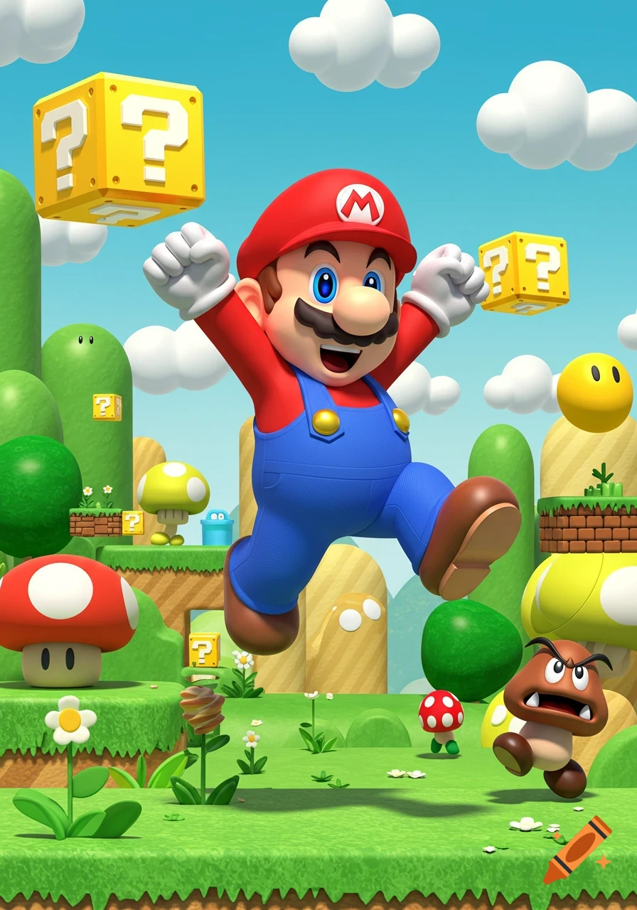 Super Mario in red hat and blue overalls holding a shotgun, firing a ...