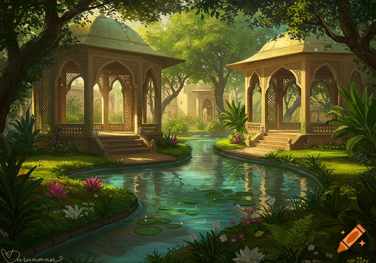 Ornate fantasy garden with two pavilions flanking a winding stream ...