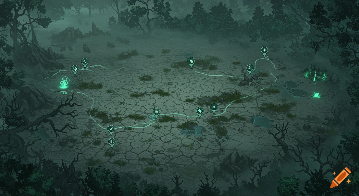 Top-down illustrated fantasy battle map of a forest floor with glowing ...