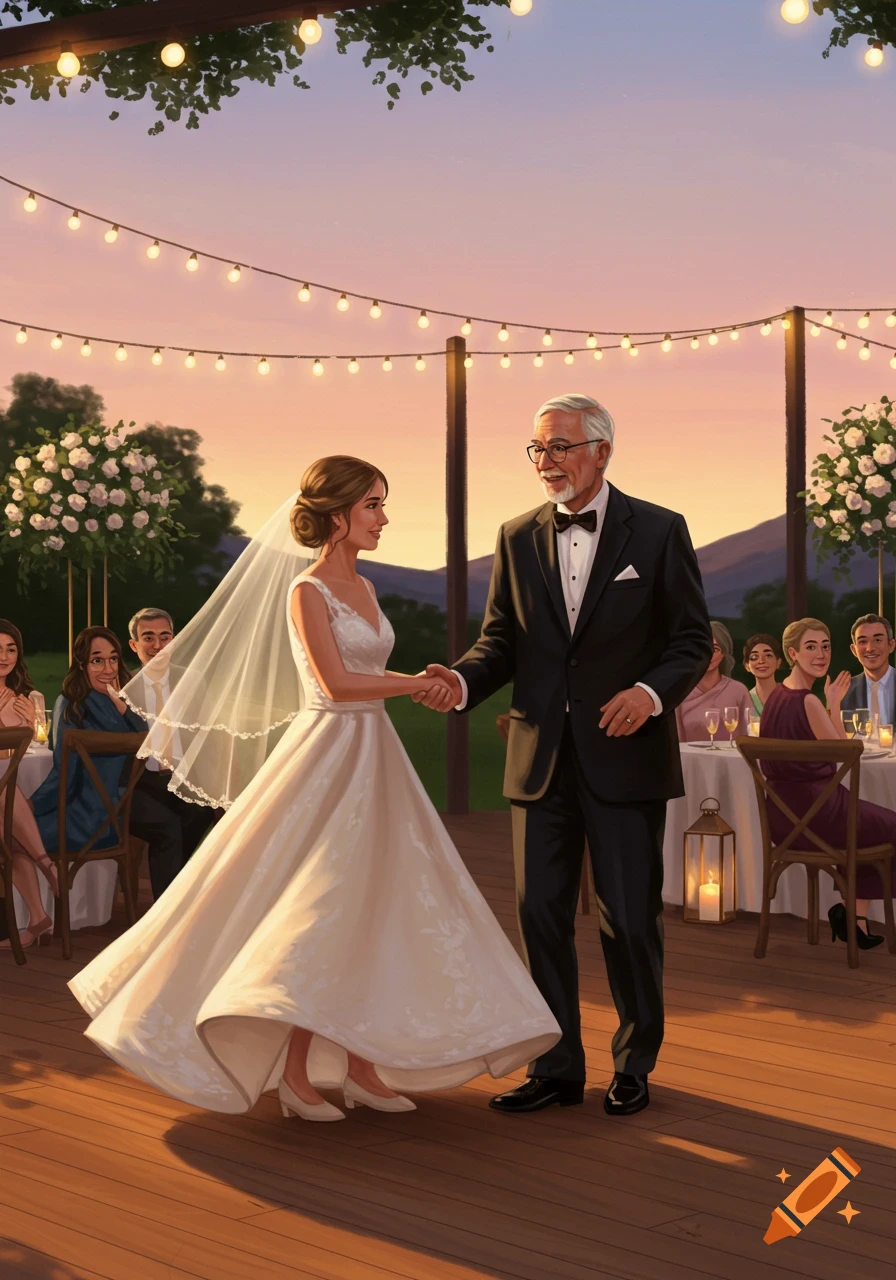 An illustrated scene of a father and daughter dancing at an outdoor ...