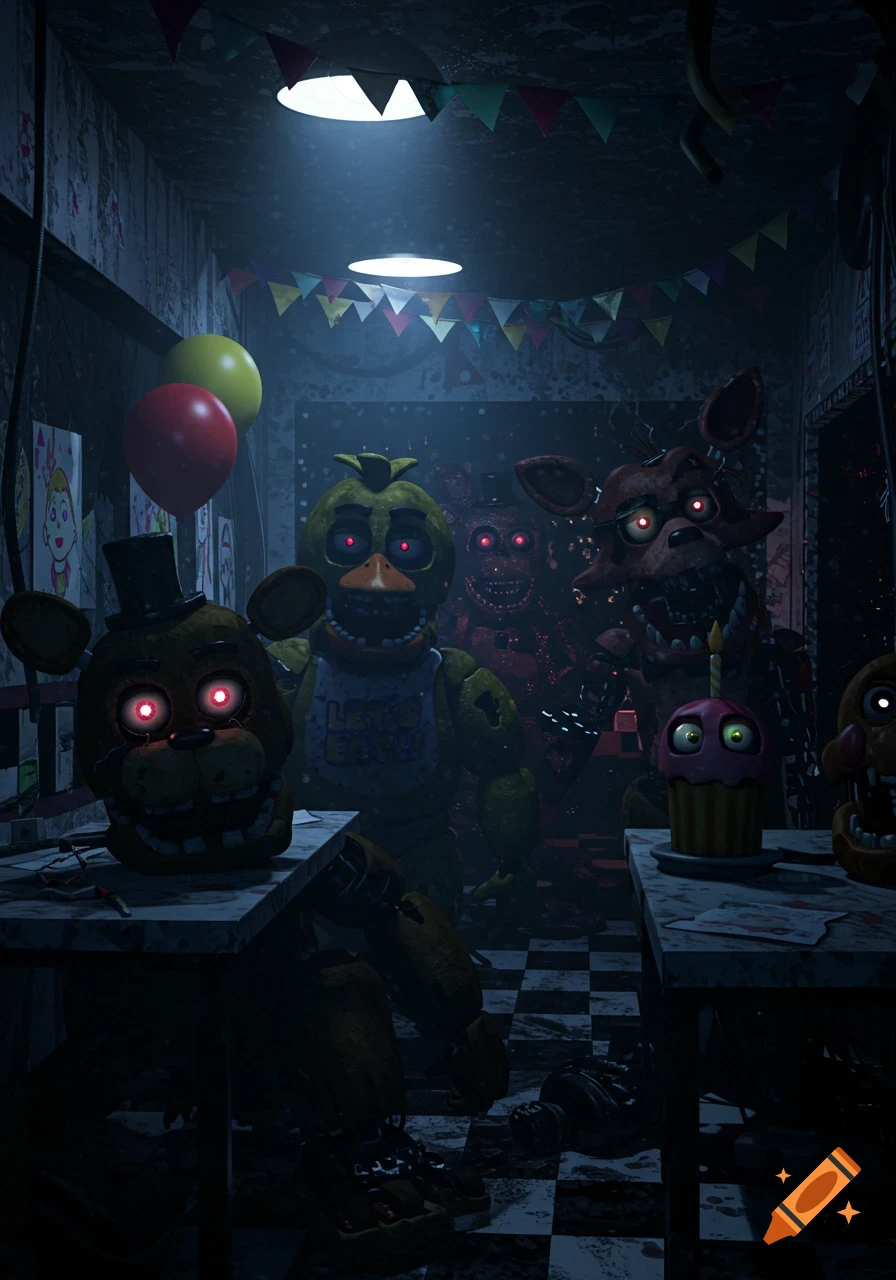 Freddy Fazbear with glowing red eyes and sharp claws stands menacingly ...