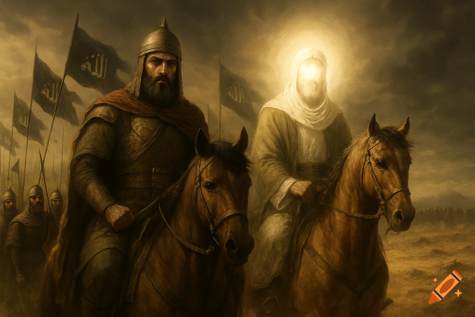 Four men in richly decorated ancient Persian attire stand before desert ...