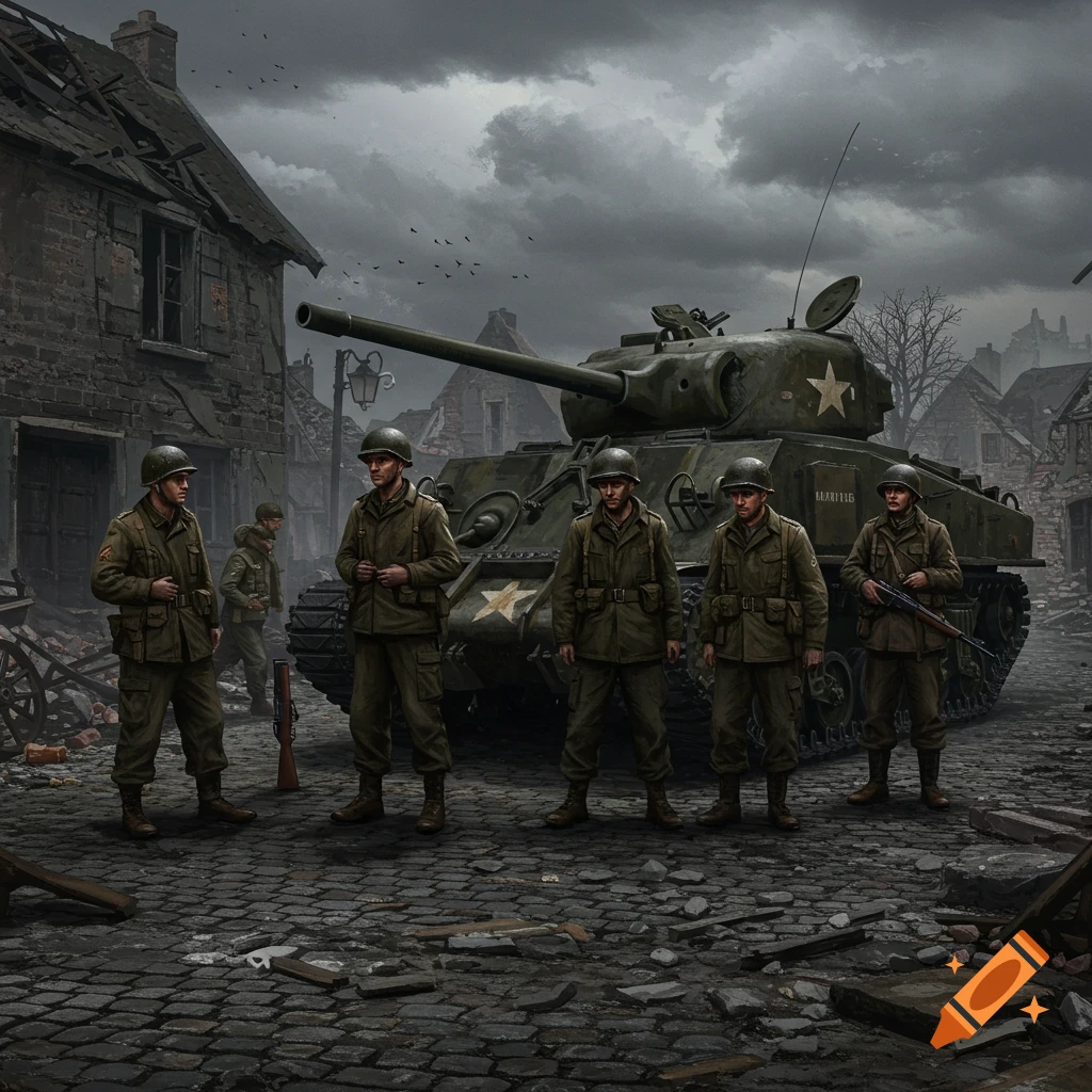 Five soldiers in WW2-era uniforms stand in a war-torn cobblestone ...