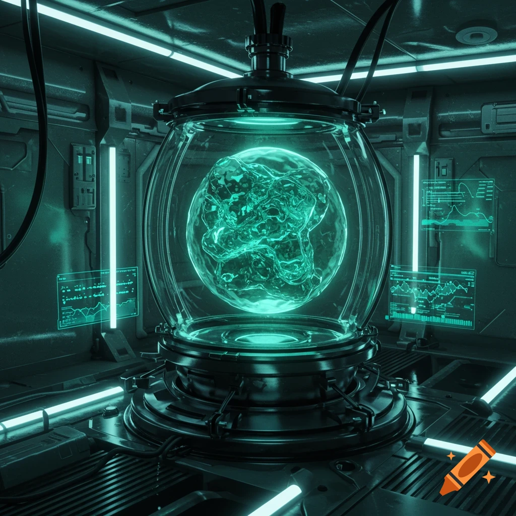 A king in futuristic robes sits on an icy blue crystal throne in a vast ...