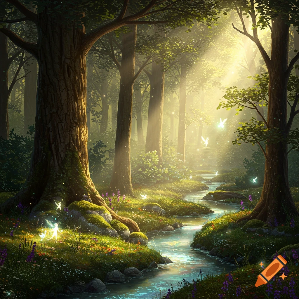 Illustrated fantasy art of a gnarled tree in a magical forest with a winding stream and glowing ...