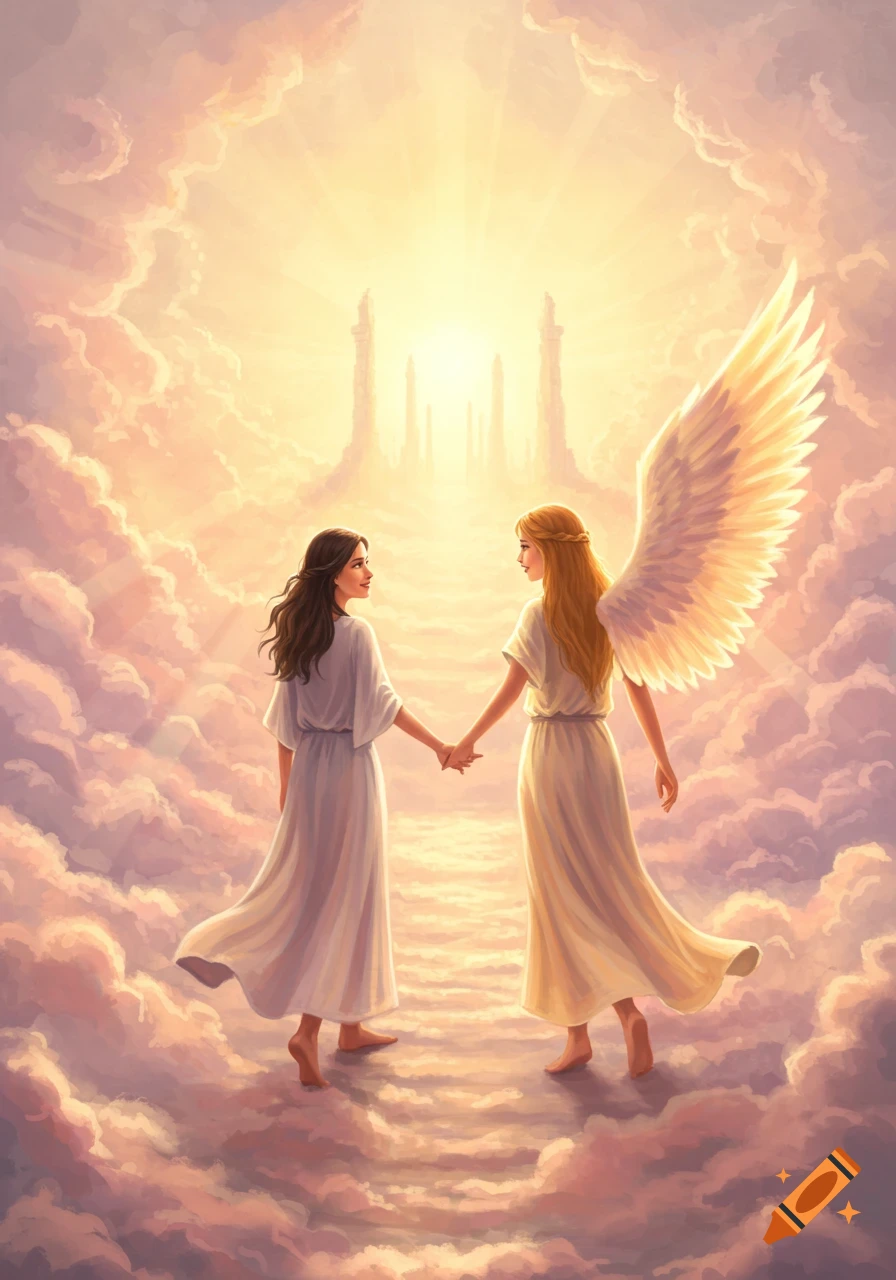 Two angels hold a 'theroad2heaven' sign above a stone path through a ...