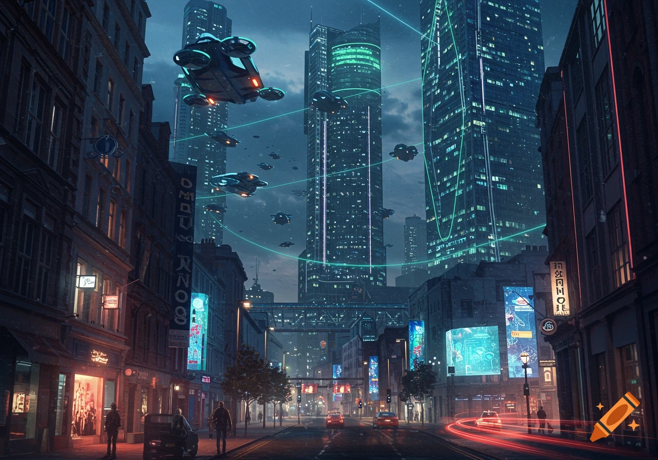 Photorealistic image of a futuristic neon city at dusk with glowing ...
