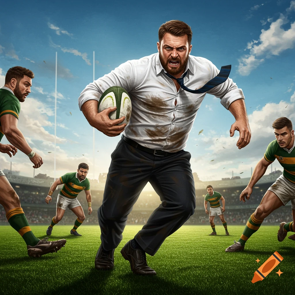 An aggressive man in a dirty white shirt and tie runs with a rugby ball ...