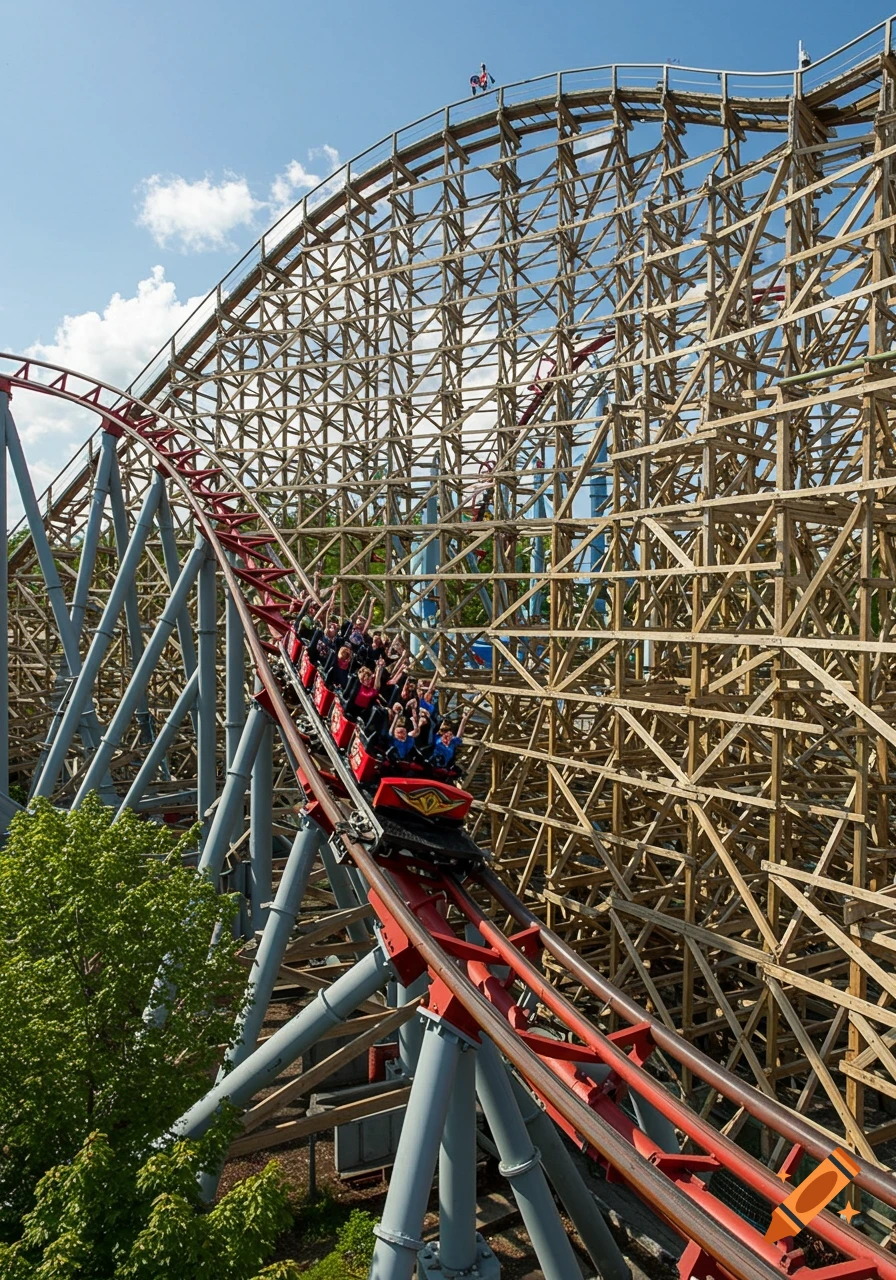 Cartoon of a roller coaster with people riding and smiling clouds. on Craiyon