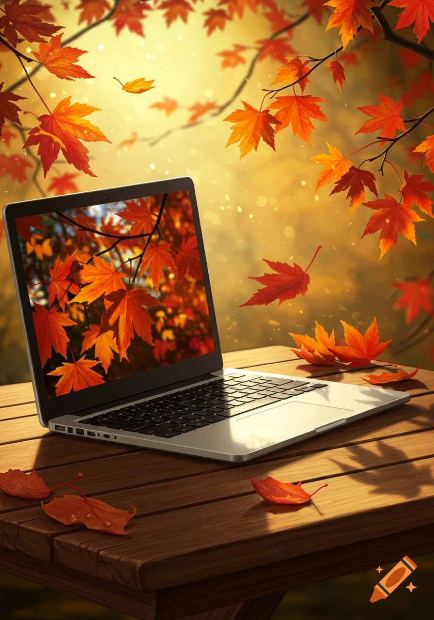 A laptop computer on a wooden table surrounded by vibrant orange autumn ...