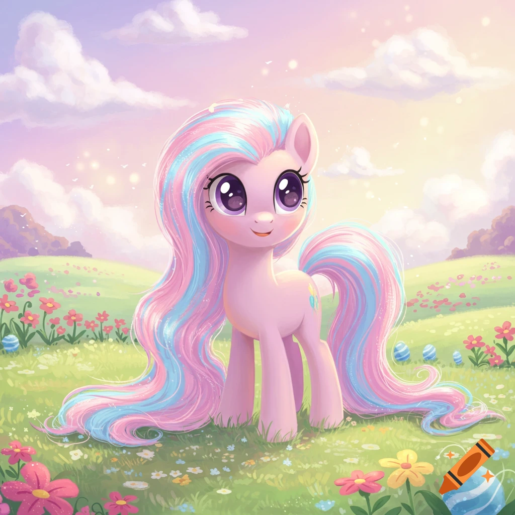 A pink pony with long, flowing pink and blue hair stands in a vibrant ...