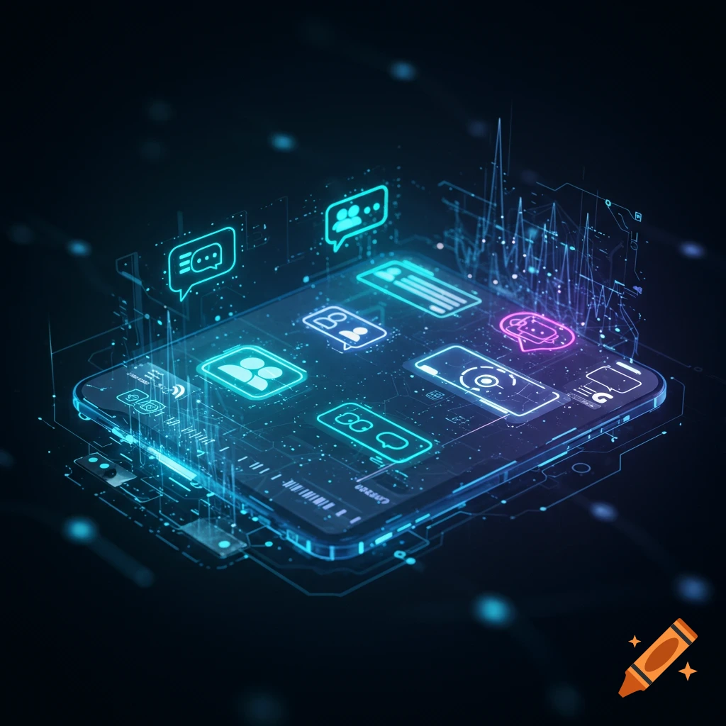 A glowing, futuristic digital planner surrounded by falling numbers and ...