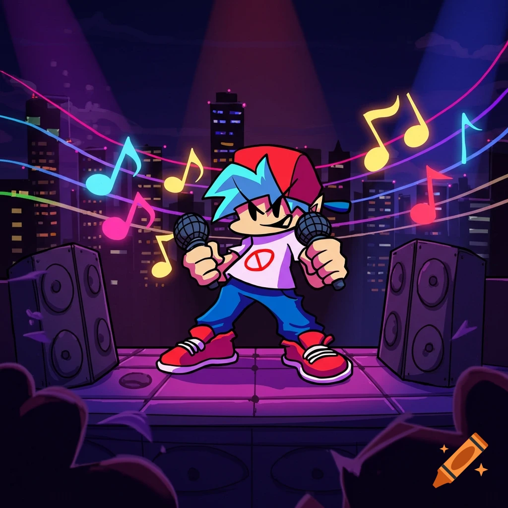 Boyfriend from Friday Night Funkin' on a stage with two microphones ...