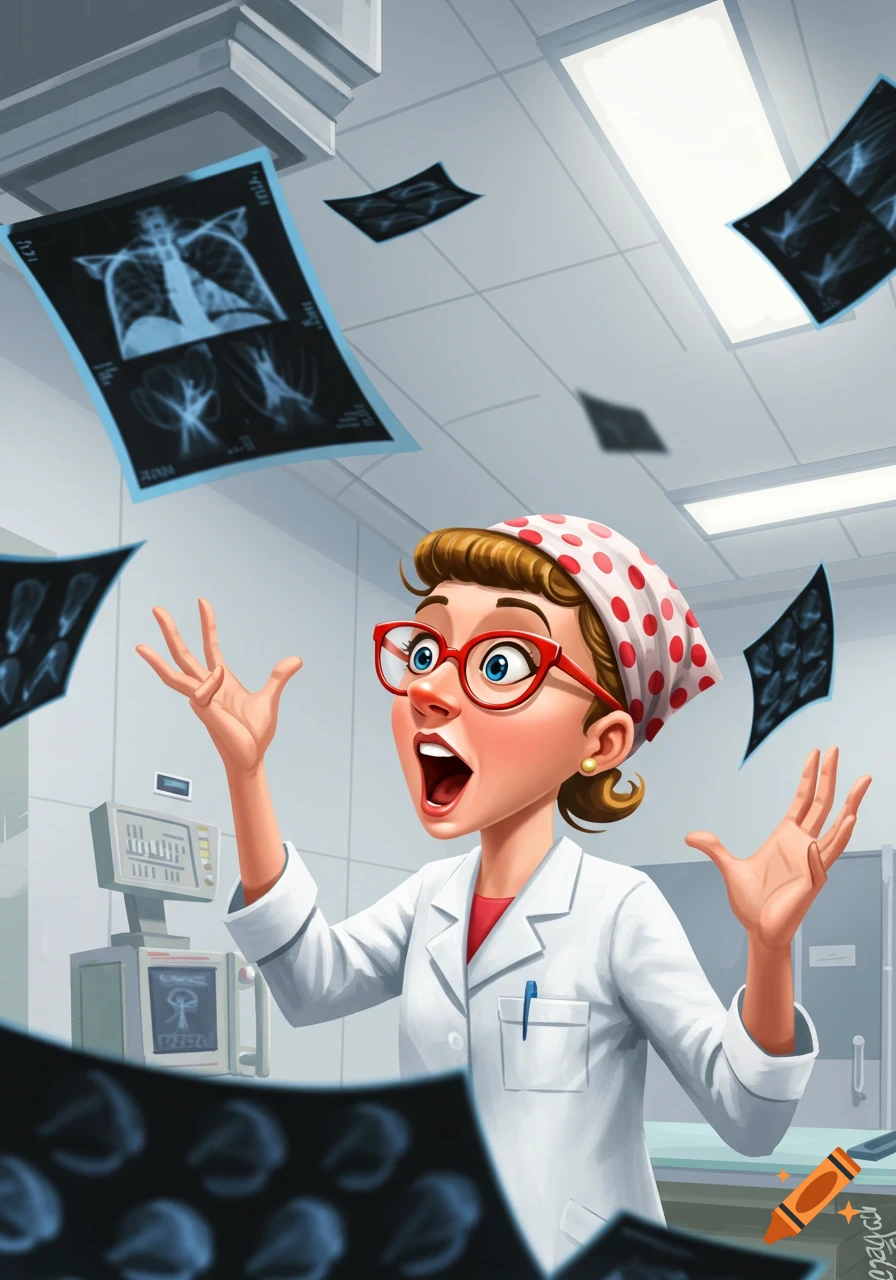 Cartoon illustration of a surprised female radiographer in a lab coat ...