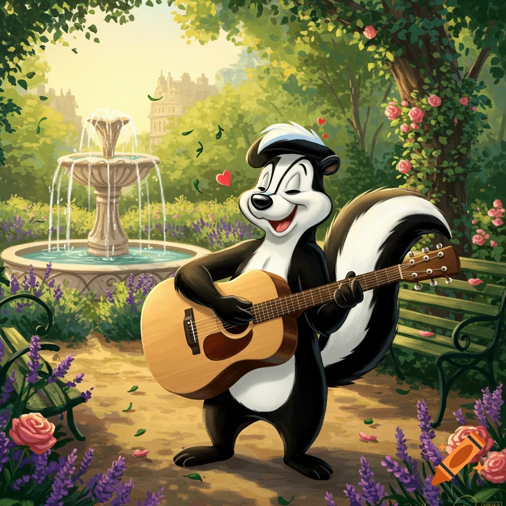 A cartoon skunk character, Pepe Le Pew, joyfully plays an acoustic ...