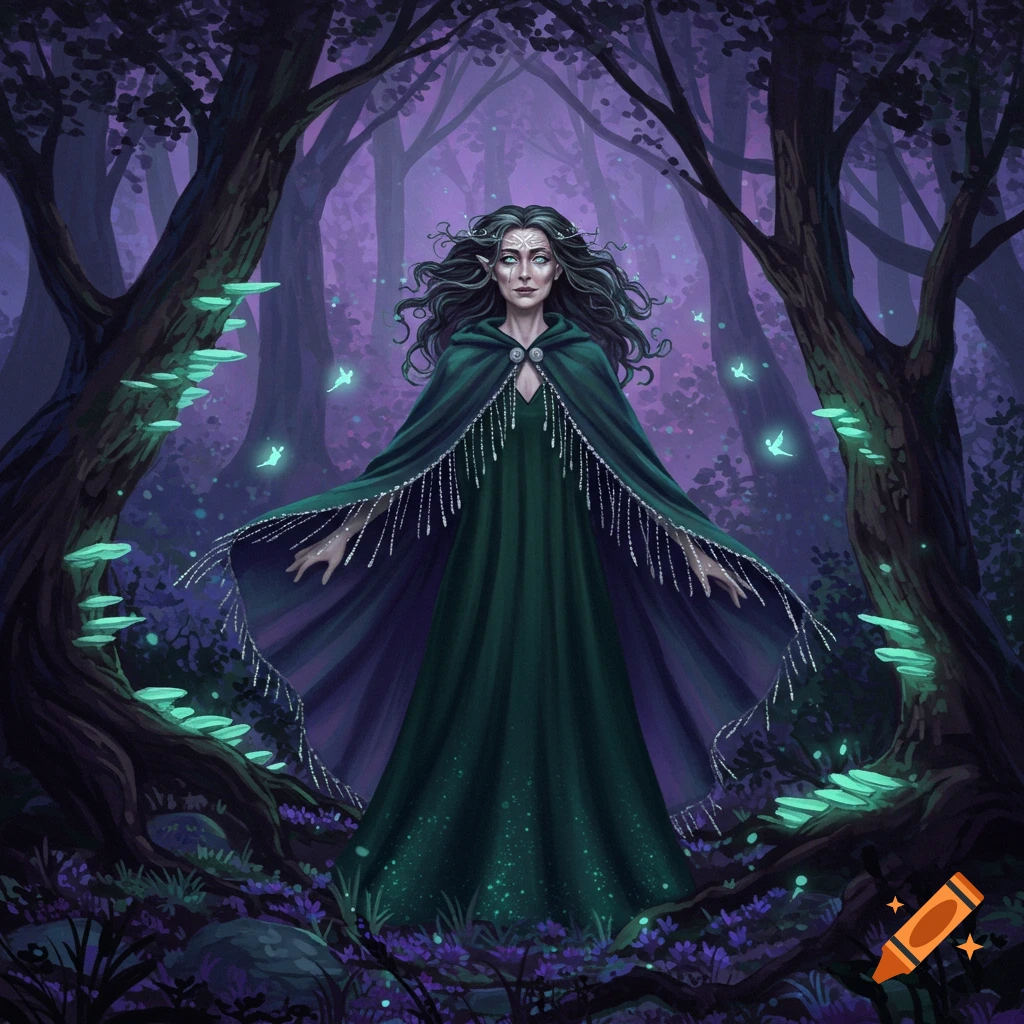 An ethereal witch in a green cloak stands in a magical dark forest with ...