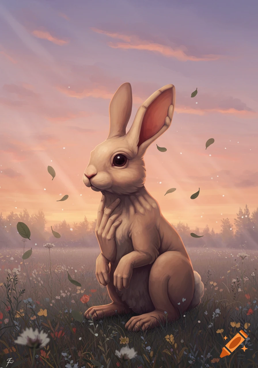 An anthropomorphic rabbit character with light brown fur, white chest ...