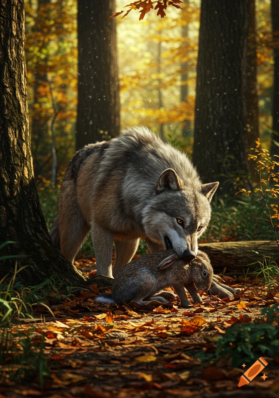 A grey wolf holds a brown rabbit in its mouth amidst autumn leaves in a ...