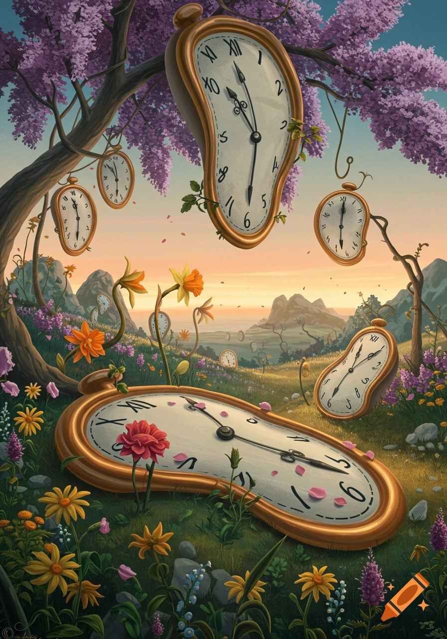 A surreal landscape featuring melting clocks amidst a field of colorful ...