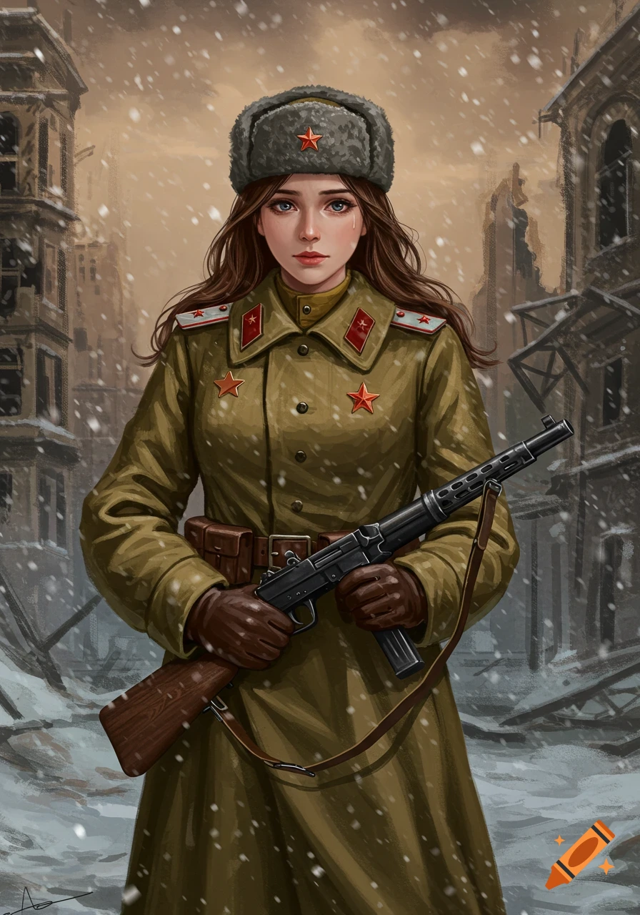 Digital illustration of Soviet soldiers in winter uniforms standing in ...