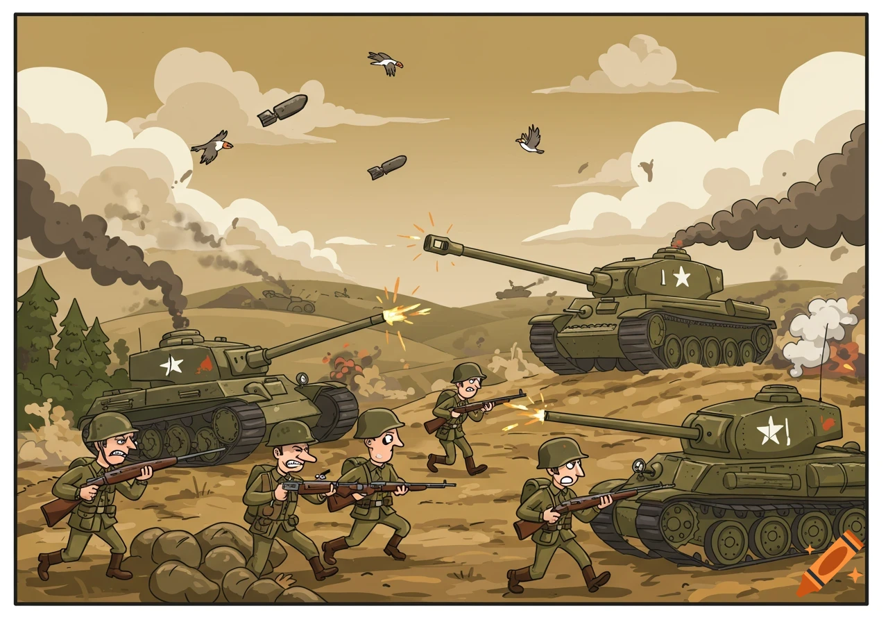 Stylized World War 2 poster art showing a plane, tank, and soldiers on ...