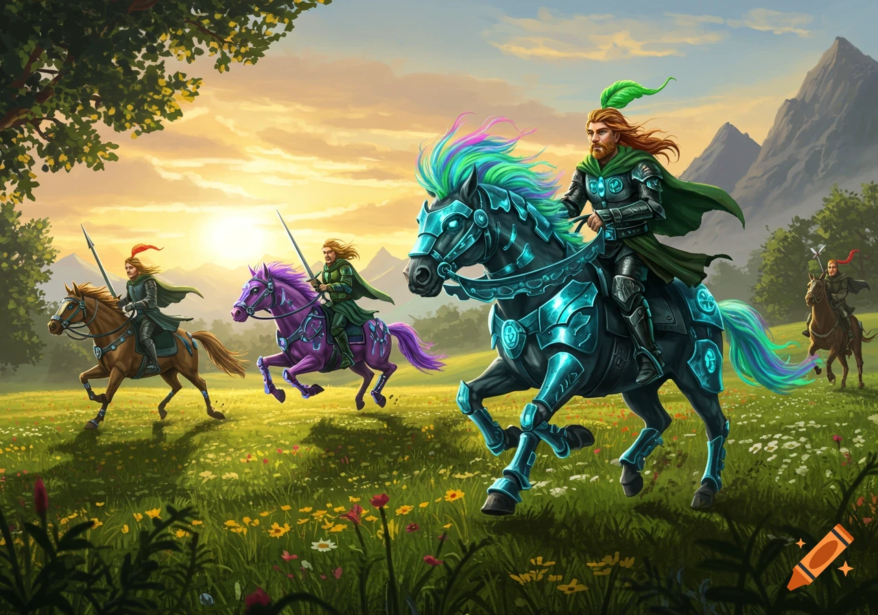 An armored knight on a horse plays a lute, accompanied by a small ...