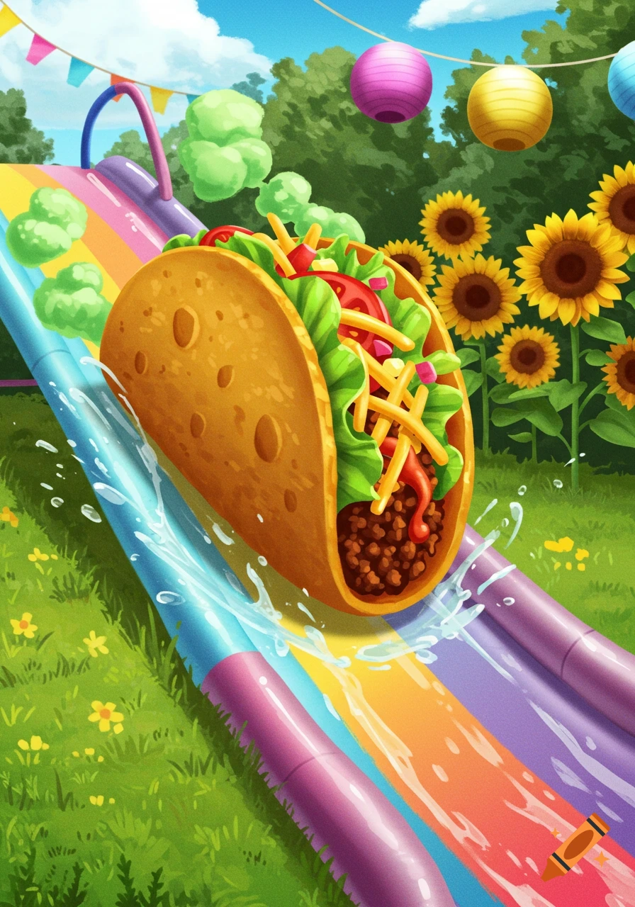 A cartoon taco with lettuce, cheese, and ground beef slides down a ...