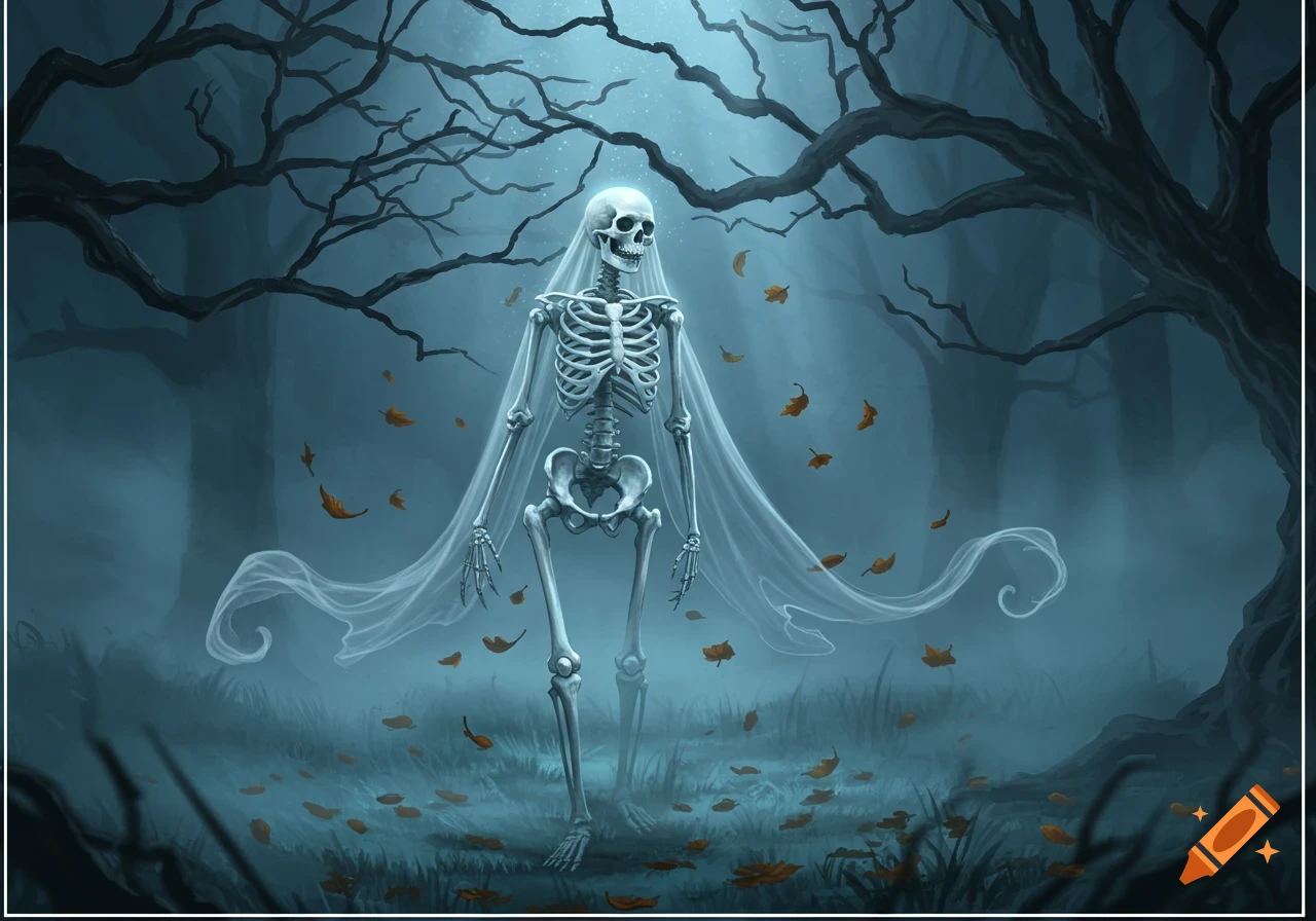 A skeletal figure wearing a wispy veil walks through a misty, dark ...