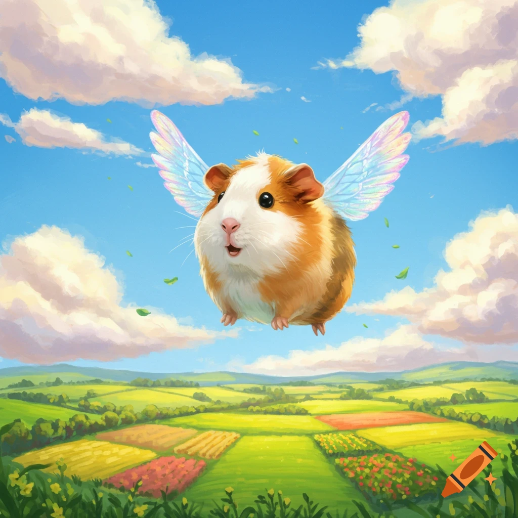 Adorable guinea pig with iridescent wings flying in a bright blue sky ...