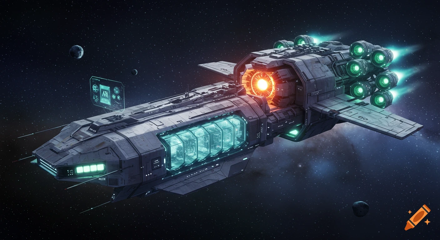 Two futuristic super destroyer spaceships fly through space with glowing engines and an energy ...