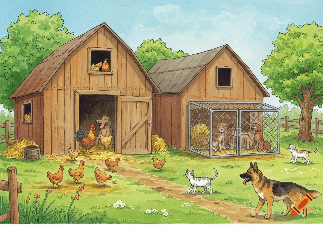 A watercolor illustration of a lively farm scene with two barns ...