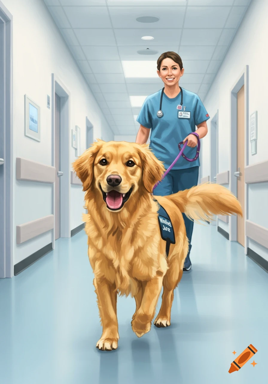 A golden retriever dog walks down a brightly lit, sterile hospital ...