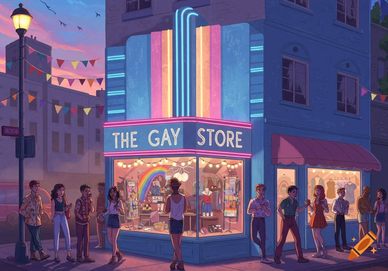 An illustration of a vibrant 'THE GAY STORE' on a city street at dusk ...