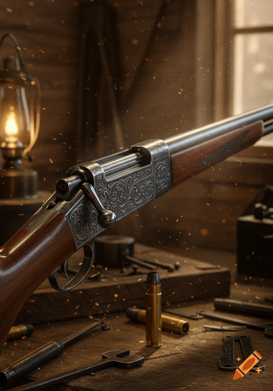A close-up, photorealistic image of an ornate bolt-action rifle resting ...