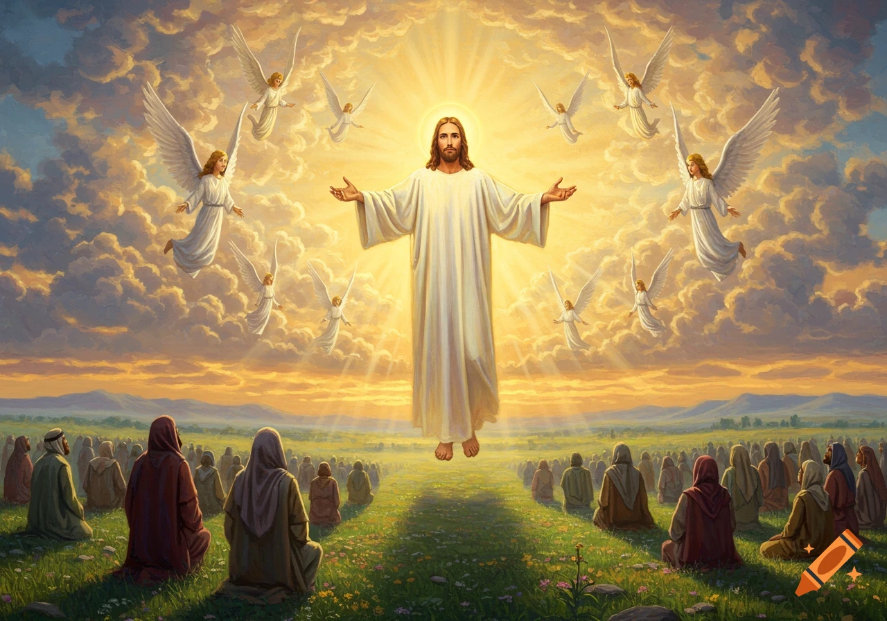 Jesus Christ ascends into a bright, cloudy sky surrounded by angels ...