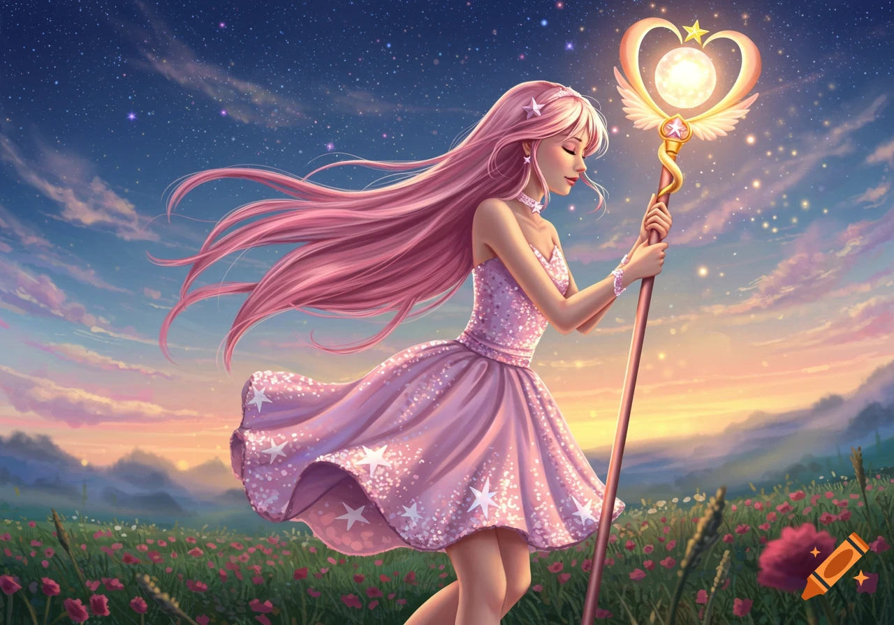 Pink-haired magical girl in a sparkling dress holds a glowing staff in ...