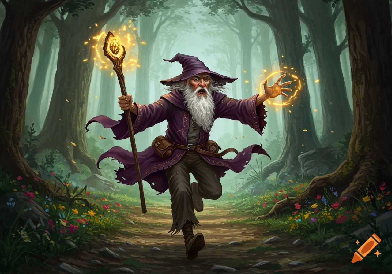 A wizard with a long white beard and purple robes runs through a forest ...