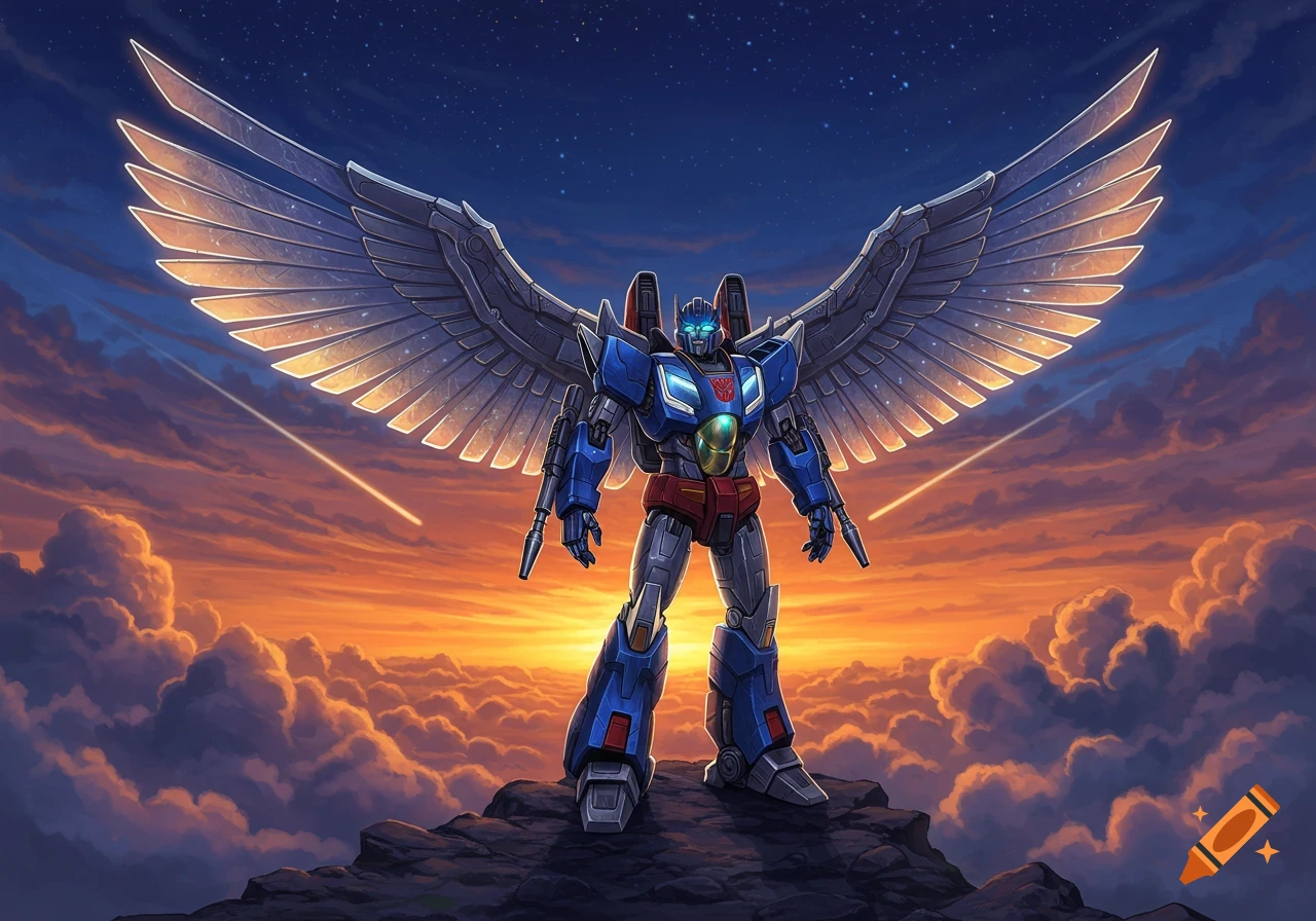 A blue and grey winged robot stands on a rock against a vibrant orange ...