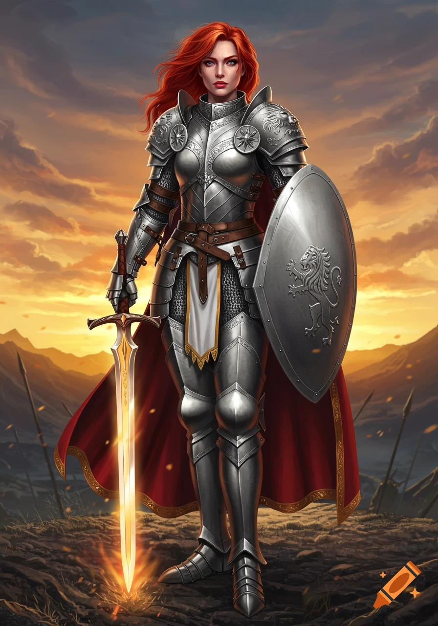 Red-haired female warrior in full plate armor with a sword and shield on a battlefield, digital ...