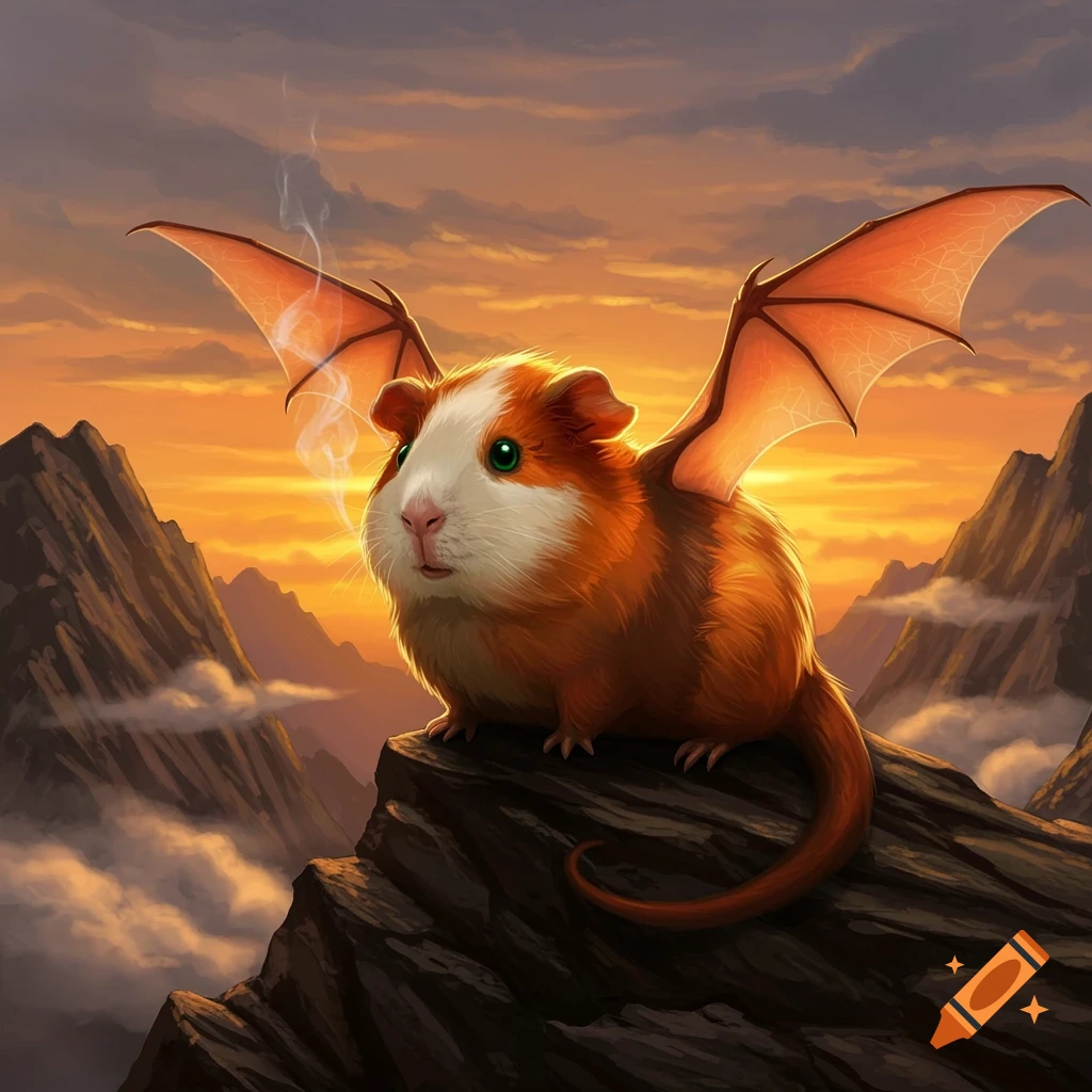 A guinea pig with dragon wings and tail perches on a rocky mountain ...