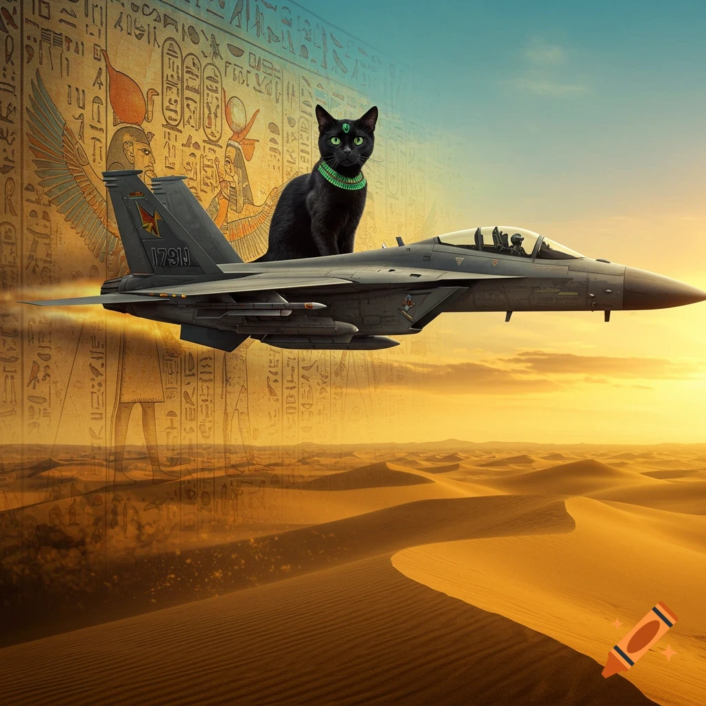 A gray tabby cat with green eyes pilots a fighter jet through a blue ...